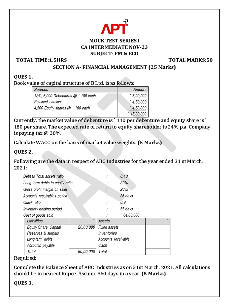 CA Intermediate FM & ECO Mock Test Nov 2023 | PDF | Business | Finance ...