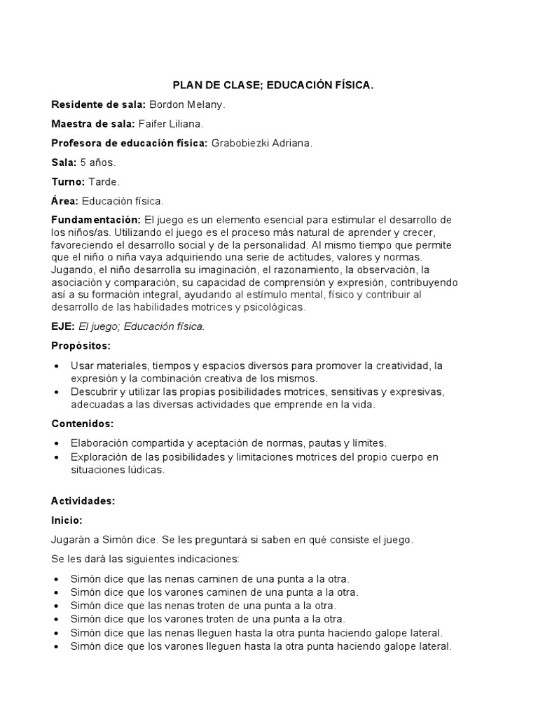 Plan de Clase Educacion Fisica | PDF | Educación Física | Aprendizaje
