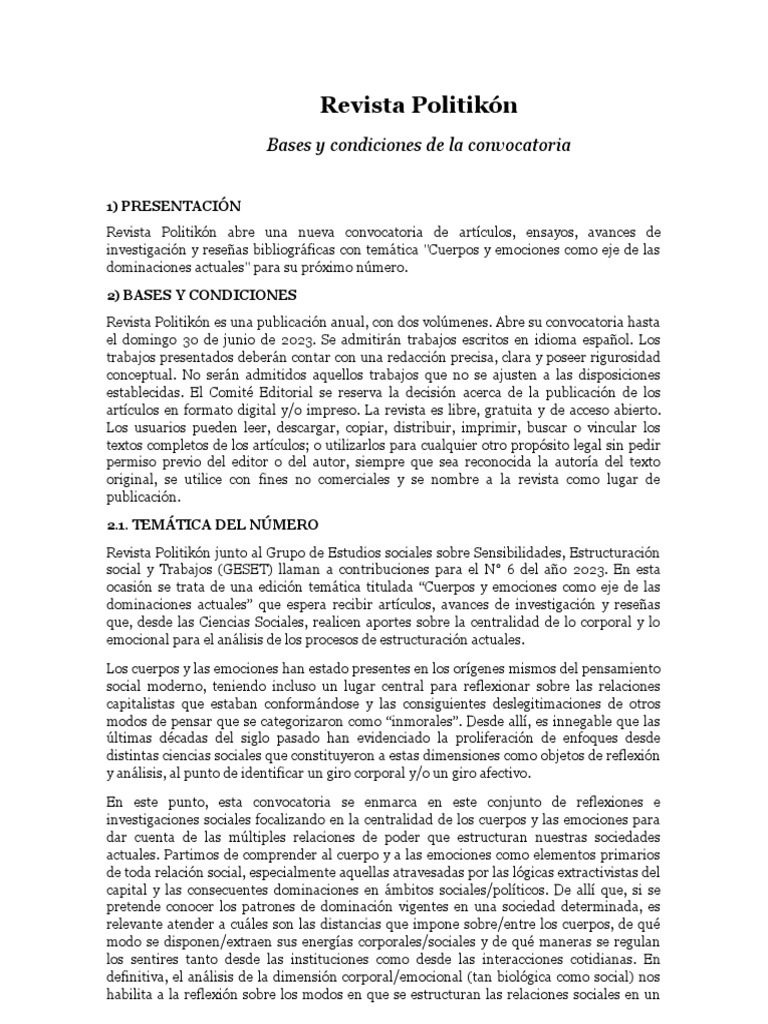 Bases y Condiciones Revista Politikón | PDF