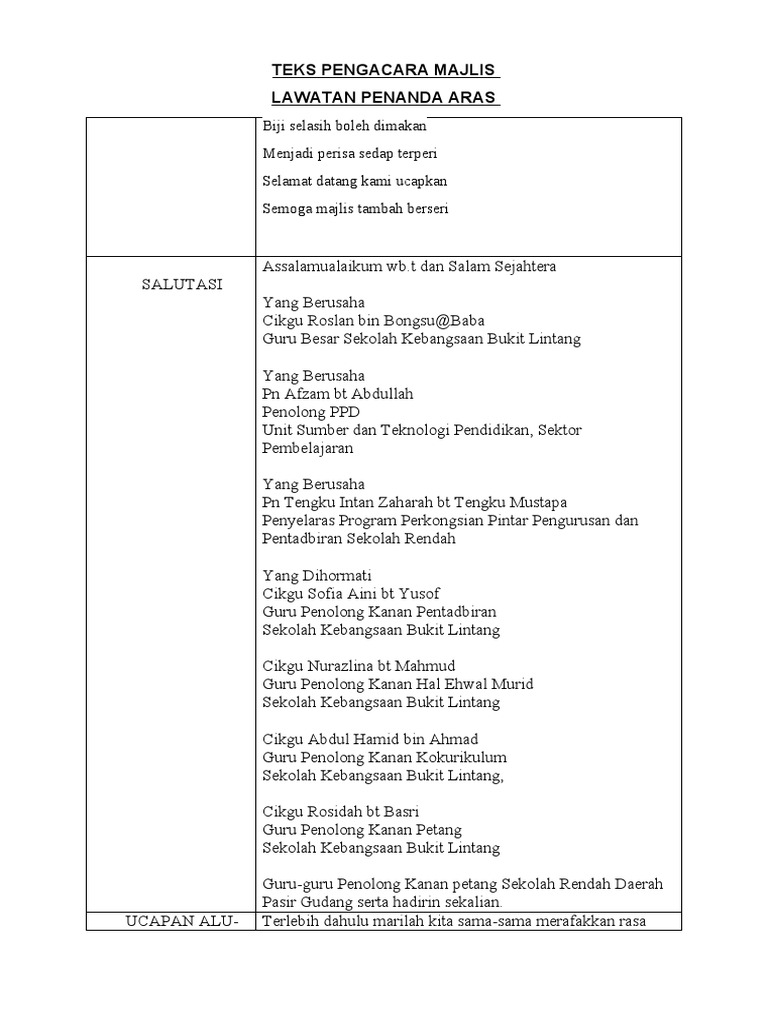 Teks Pengacaraan Lawatan Penanda Aras 2022 | PDF
