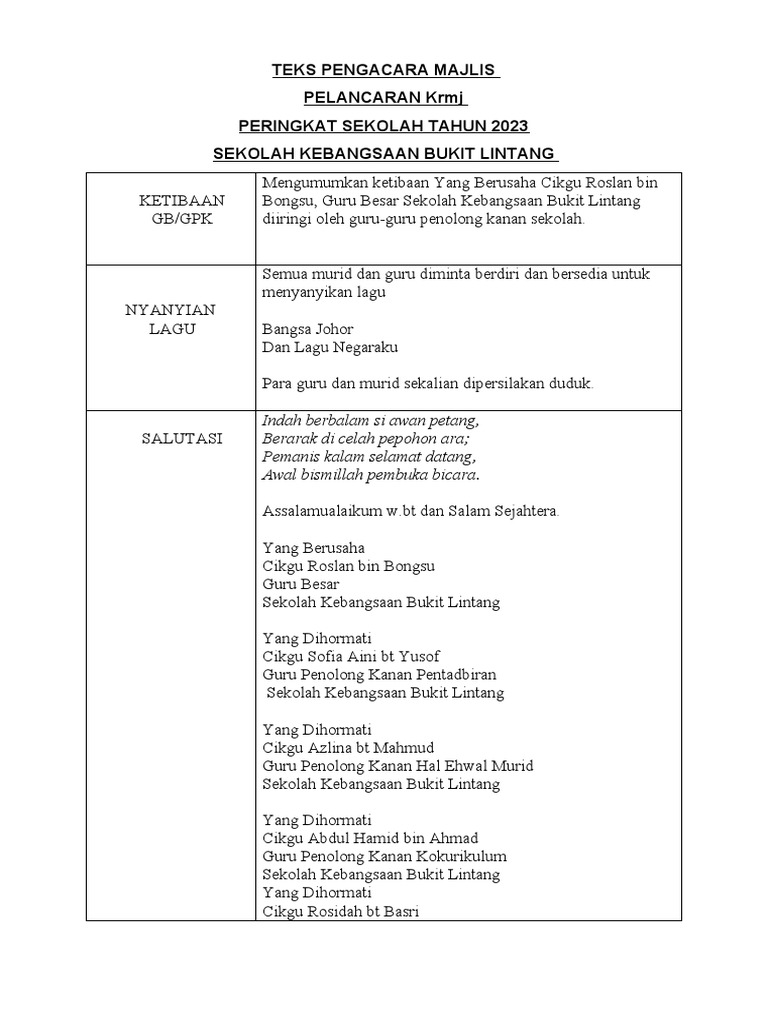 TEKS PENGACARAAN PELANCARAN KRMJ 2023 | PDF