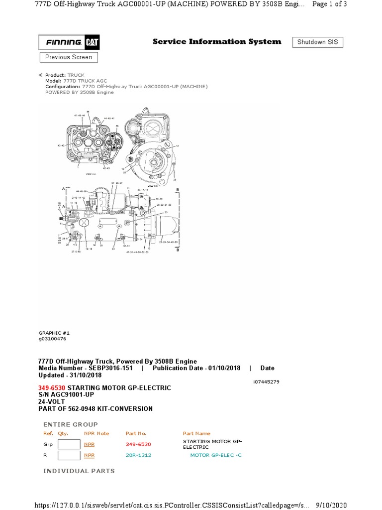 CAT 777D AGC 349-6530 Starting Motor Part List | PDF | Screw ...
