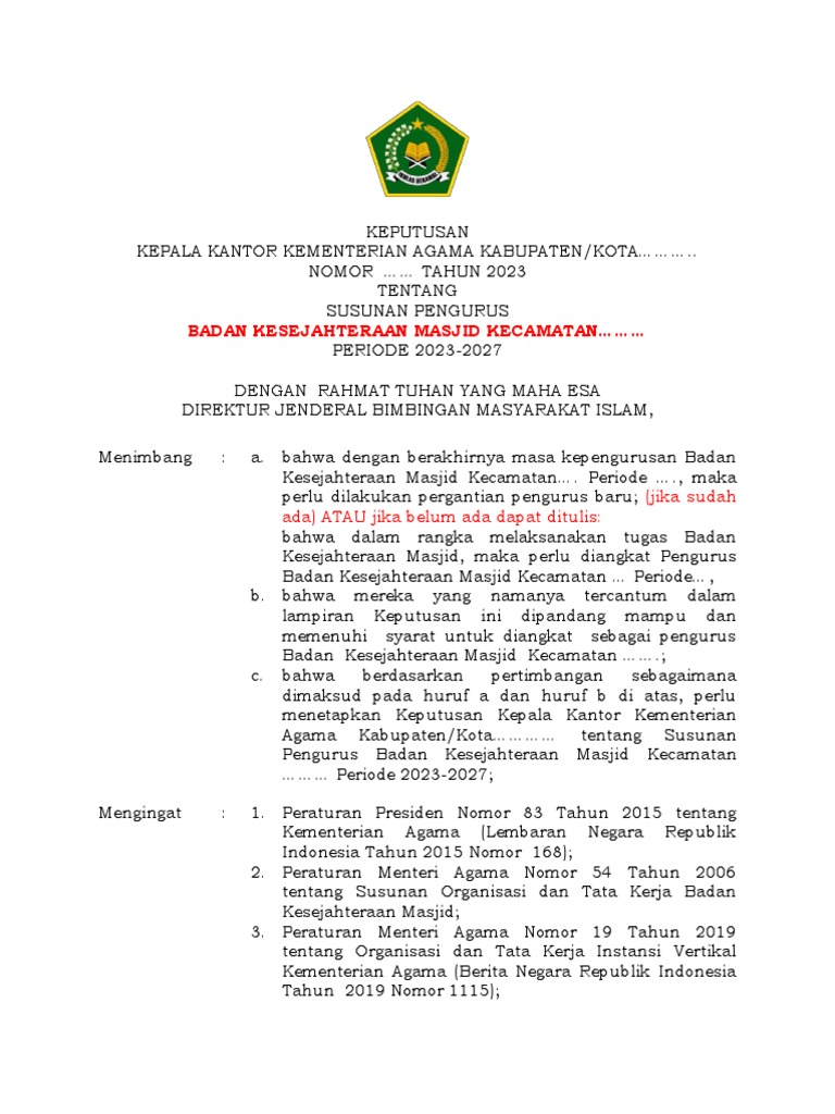 Draft - SK Pengurus BKM Kecamatan | PDF