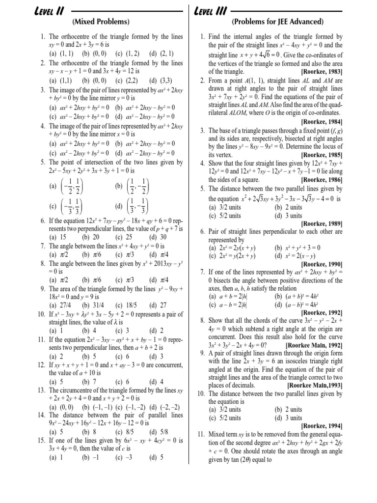 Pair of Straight Line JEE PYQs | PDF | Line (Geometry) | Triangle