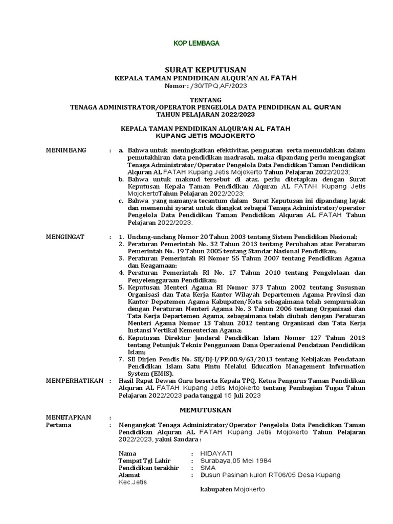 Pengangkatan Administrator Data TPQ 2023 | PDF
