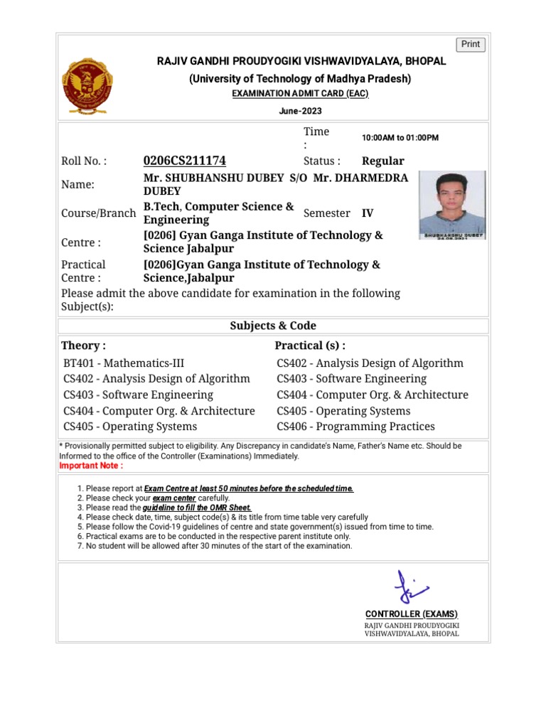 Admit Card 4th Sem | PDF
