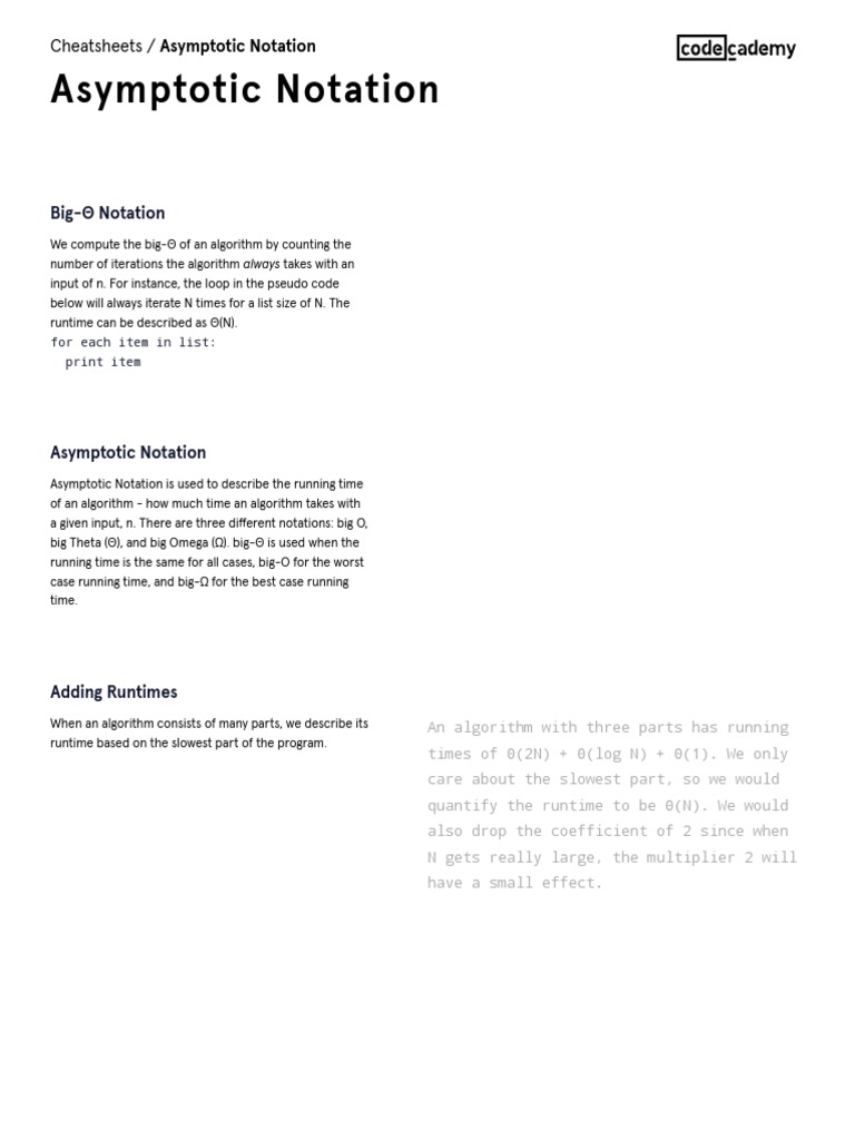 Asymptotic Notation - Asymptotic Notation Cheatsheet - Codecademy | PDF | Time Complexity ...
