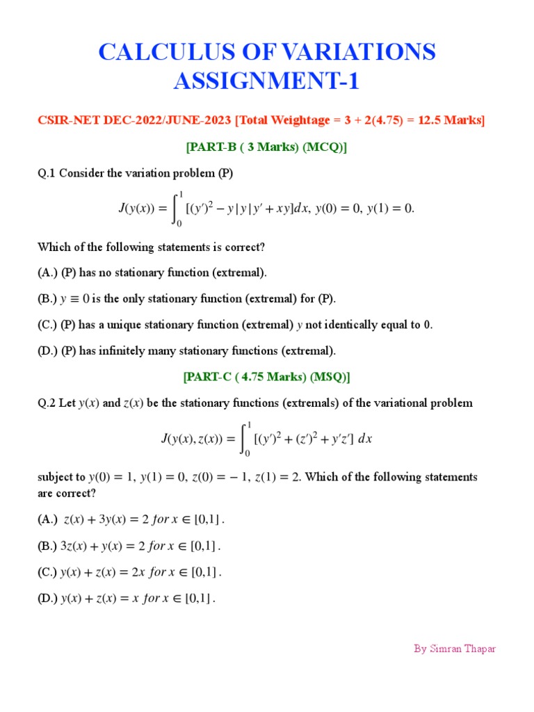 Calculus of Variation Assignment-1 (J-2023) | PDF