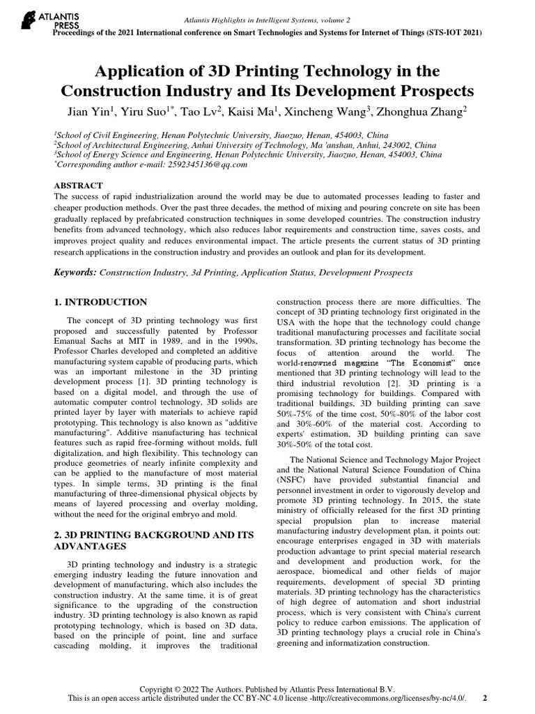 Application of 3D Printing Technology in The Construction Industry and ...