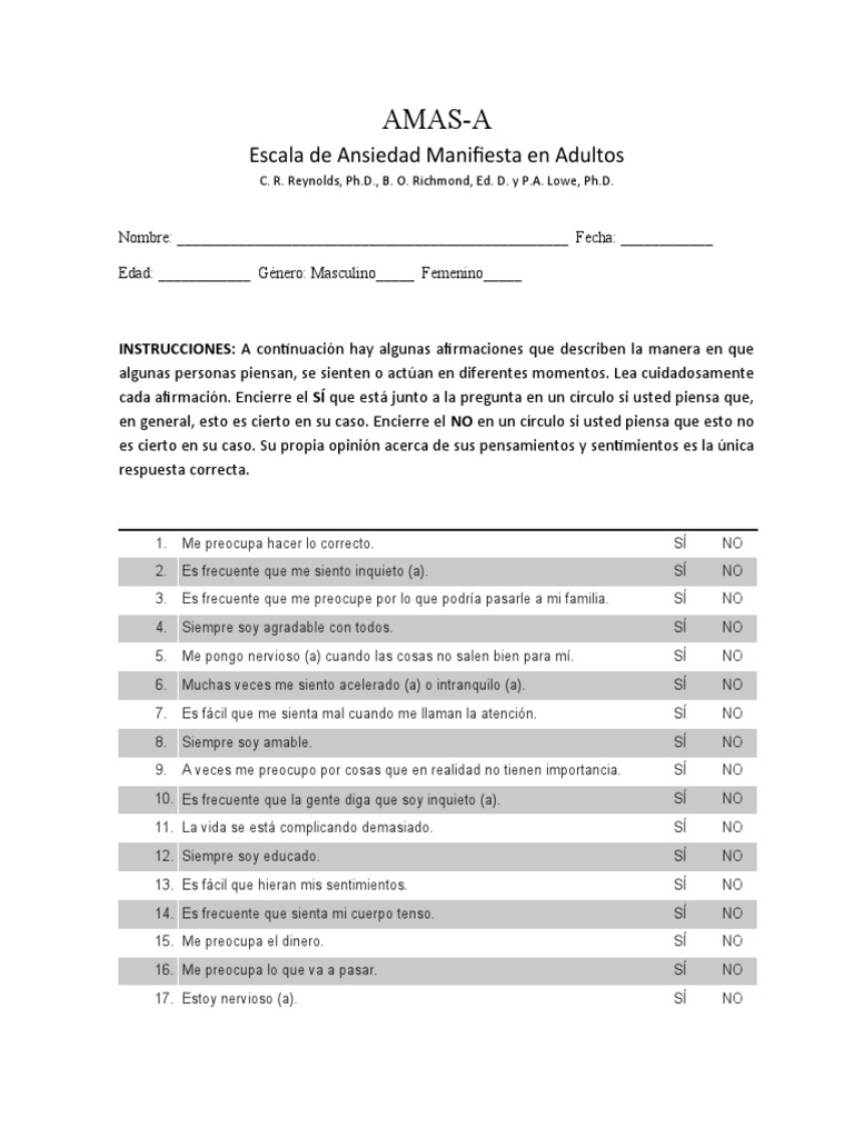 ESCALA DE ANSIEDAD MANIFIESTA EN ADULTOS AMAS Definitivo | PDF