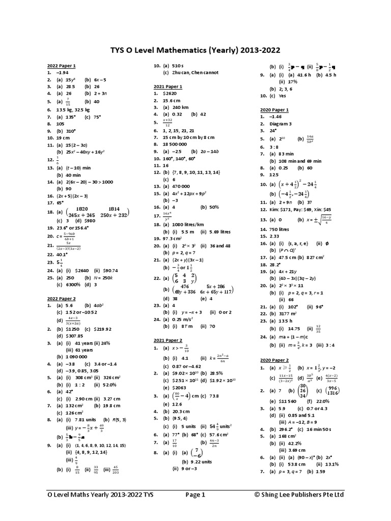 TYS O Level Mathematics (Y) Answer Keys | PDF