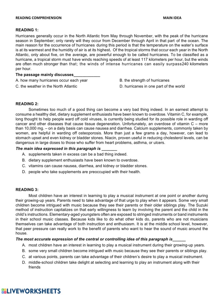 Reading Comprehension Main Idea Reading 1:: The Main Idea Expressed in ...