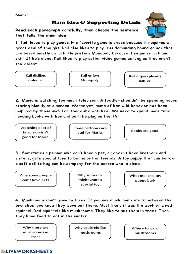 Main Idea & Supporting Details: Read Each Paragraph Carefully, Then ...