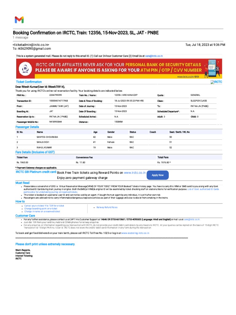 IRCTC Train Booking Confirmation | PDF | Service Industries | Banking ...