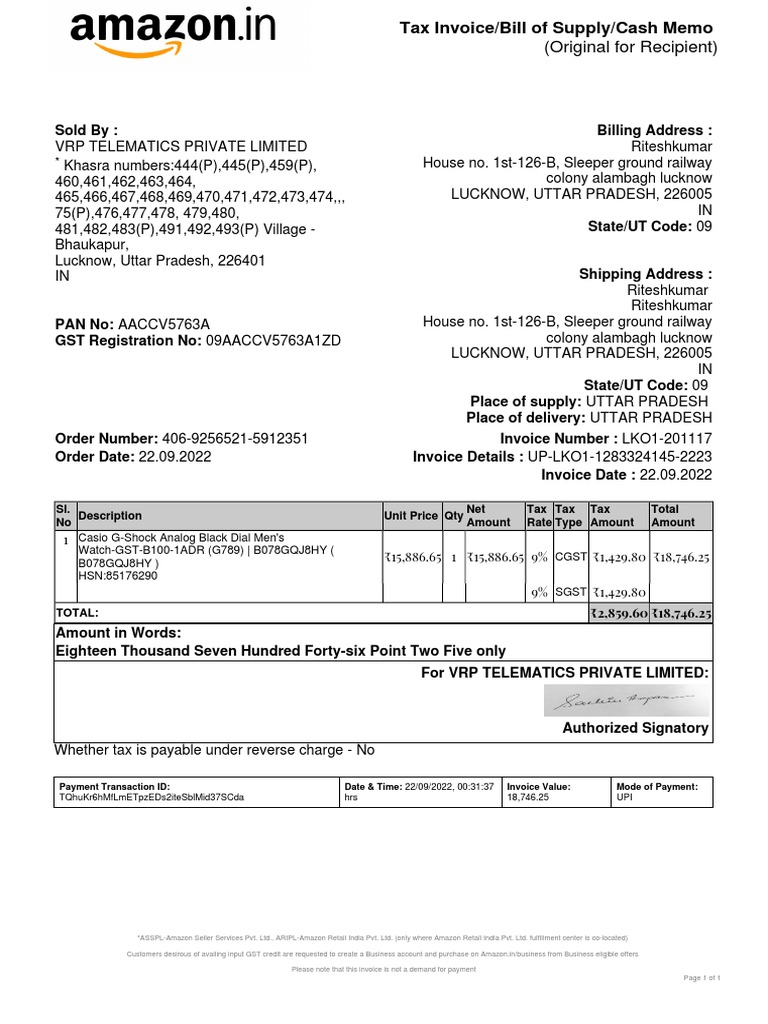 VRP Telematics Invoice for Casio Watch | PDF