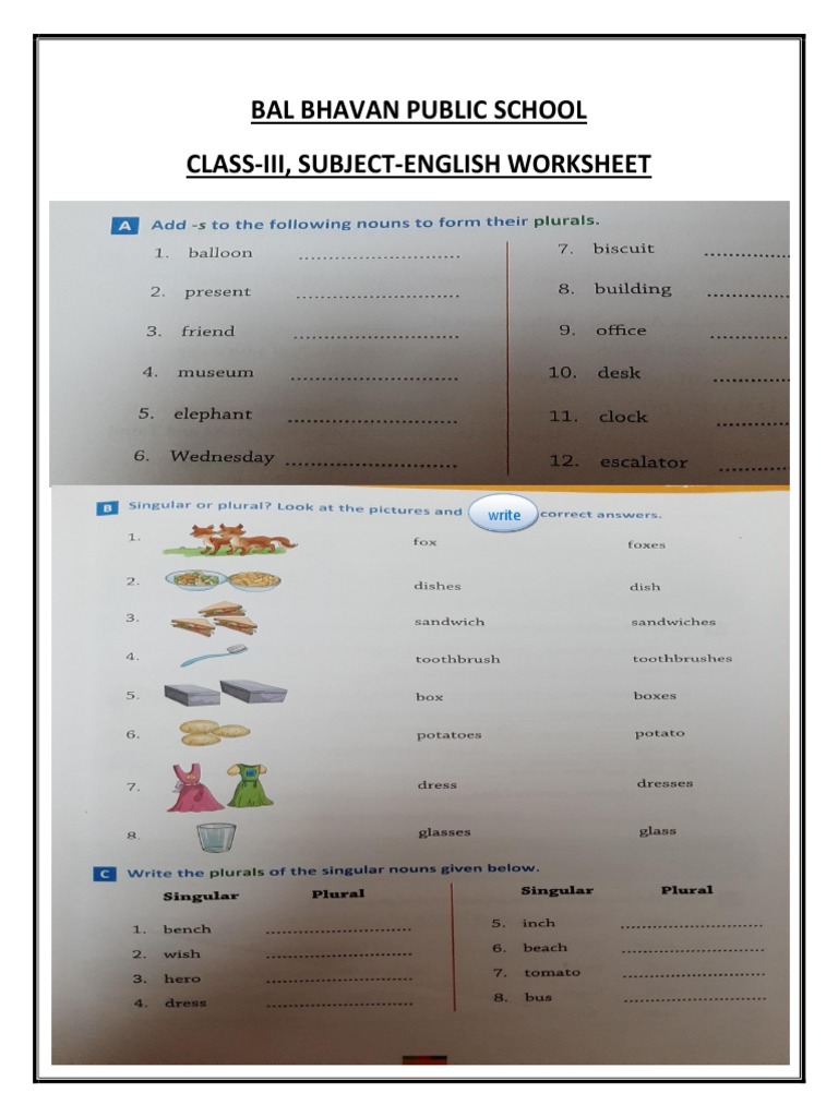 Bal Bhavan Public School Class-Iii, Subject-English Worksheet | PDF