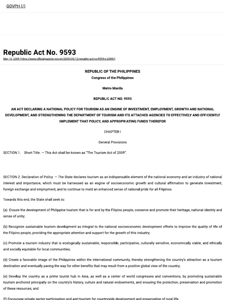 RA 9593 - The Tourism Act of 2009 | PDF