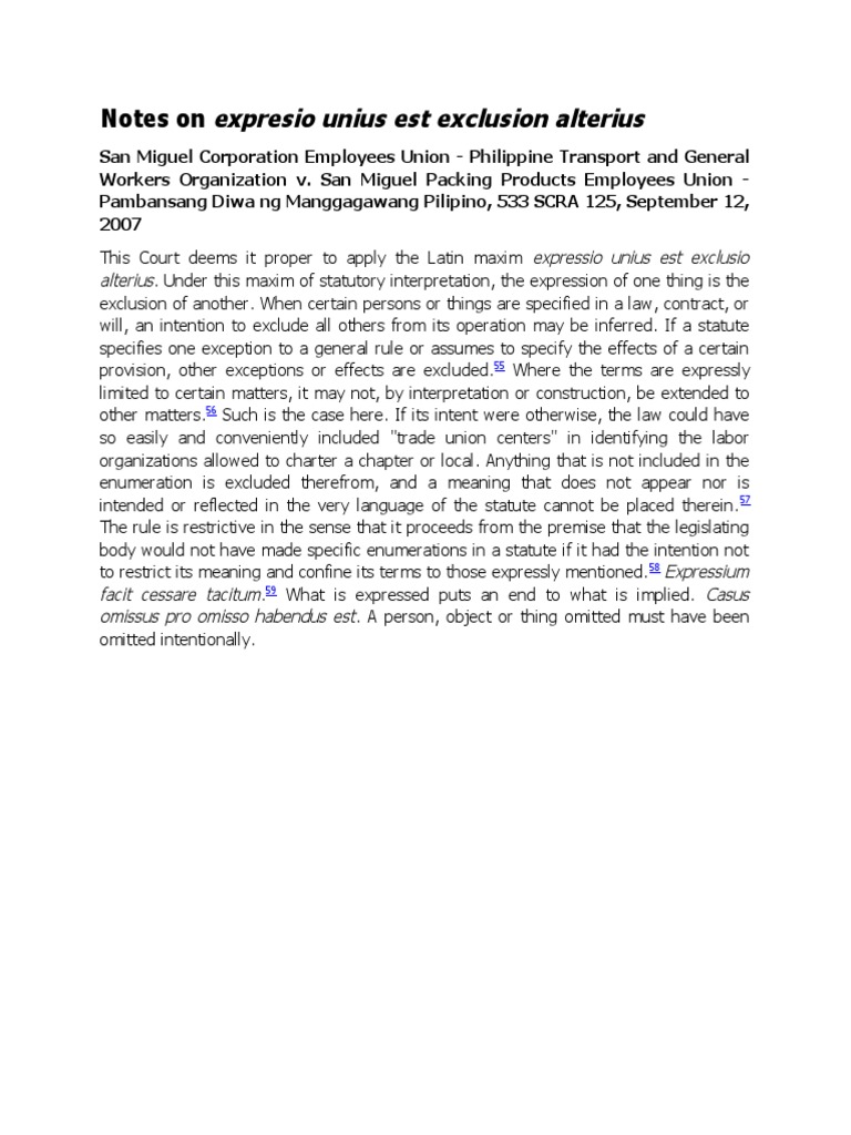 Notes On Expresio Unius Est Exclusion Alterius | PDF