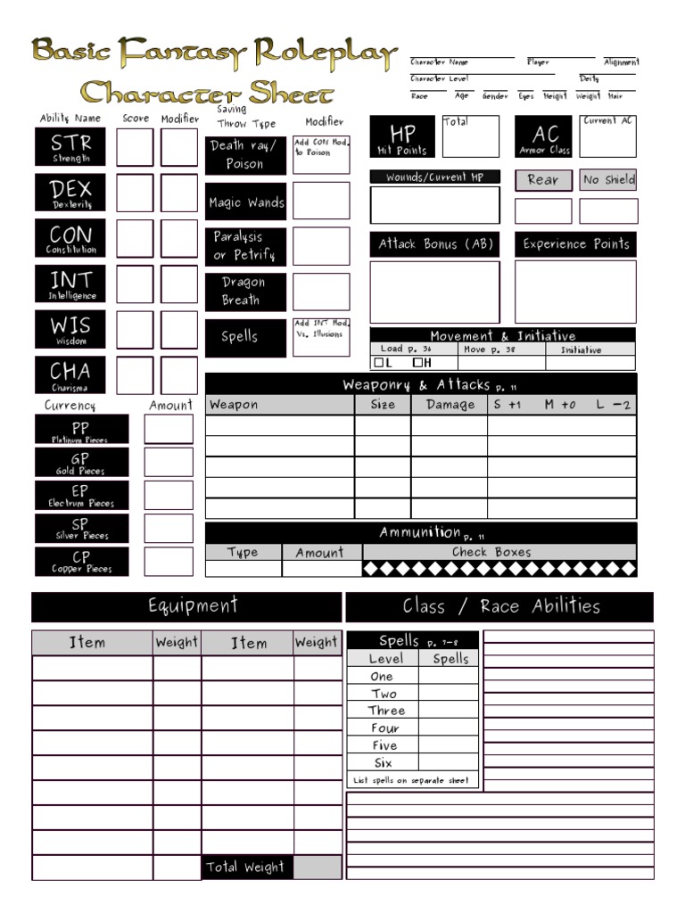 Basic Fantasy Character Sheet Magic-User Rev.3 | PDF | Gaming | Role Playing Games