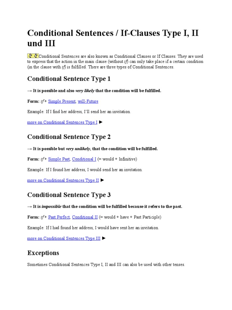 Conditional Sentences / If-Clauses Type I, II Und III | PDF ...