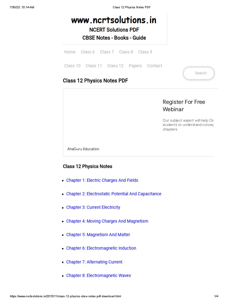 Class 12 Physics Notes PDF | PDF | Physics | Electromagnetic Radiation