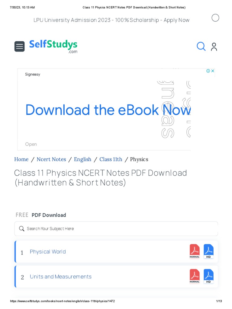 Class 11 Physics NCERT Notes PDF Download (Handwritten & Short Notes ...