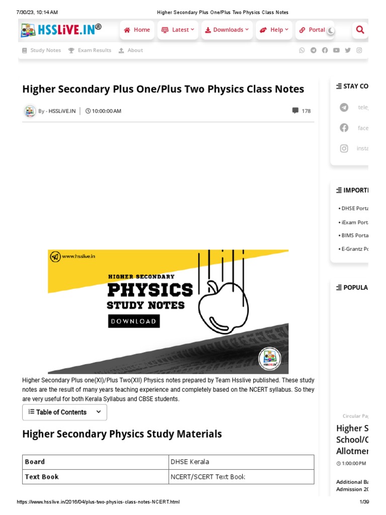 Higher Secondary Plus One - Plus Two Physics Class Notes | PDF