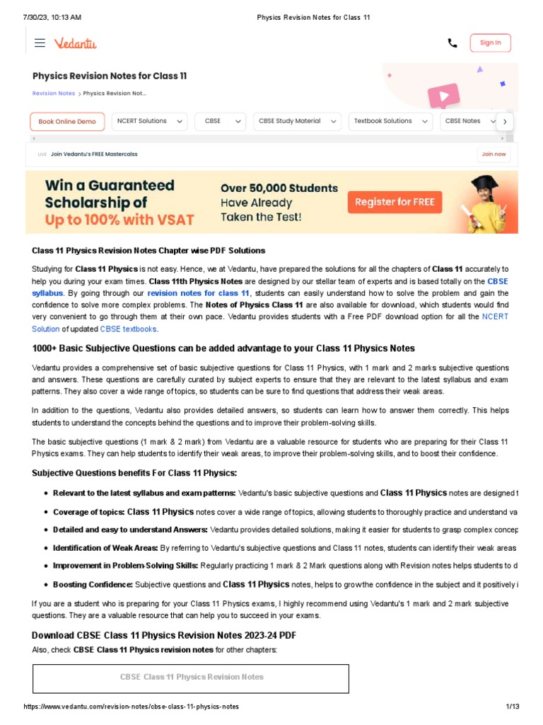 Physics Revision Notes For Class 11 | PDF | Force | Rotation Around A ...