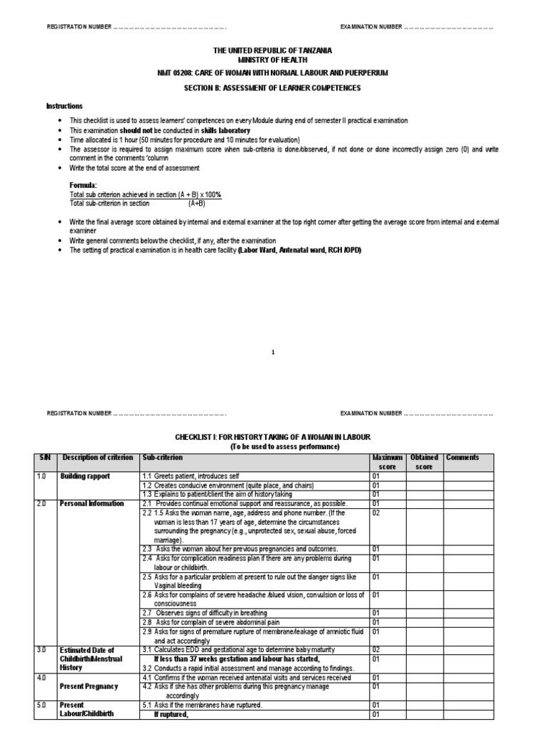 Checklist 1 - Taking History of Woman in Labour | PDF