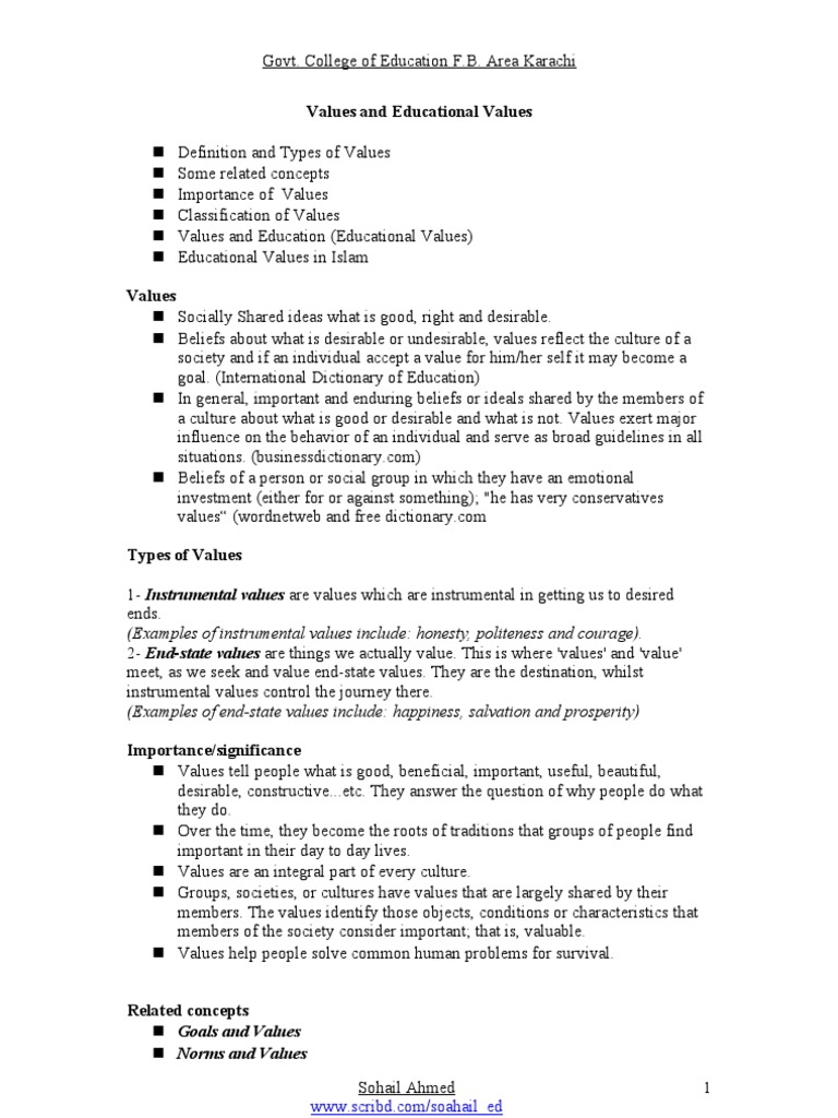 Definition and Types of Values | PDF | Value (Ethics) | Social Group
