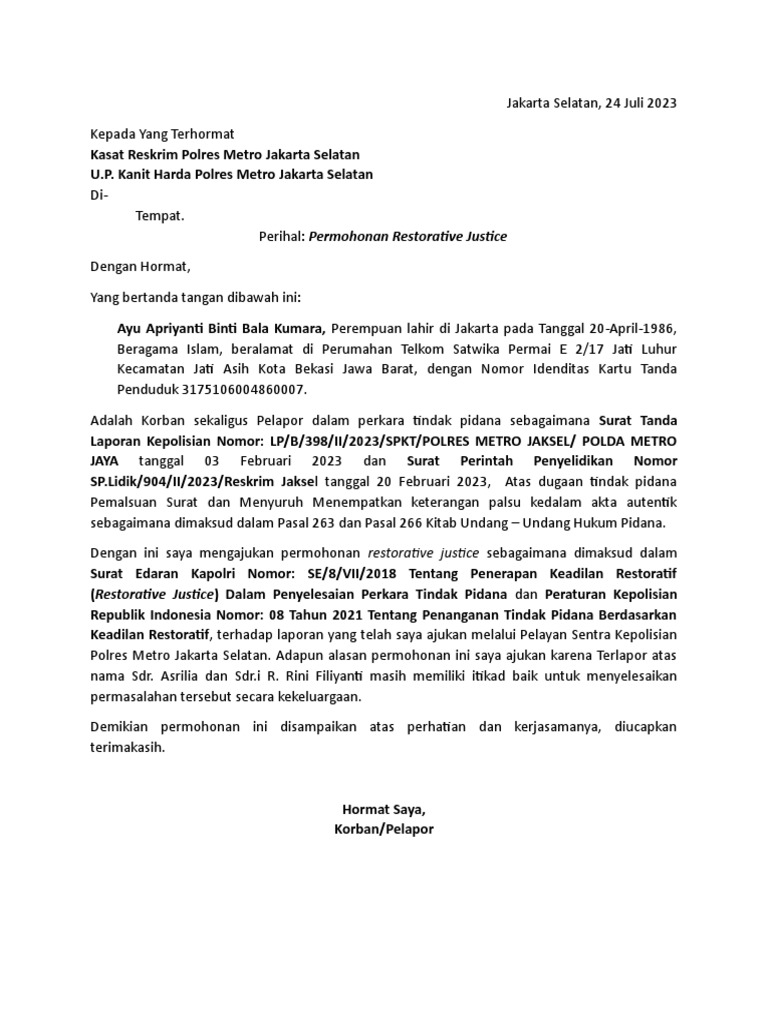 Permohonan Restorative Justice An. Ayu Aprianti | PDF