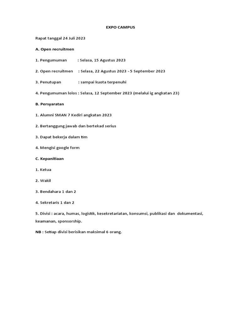 Rekrutmen Divisi Expo Campus 2023 | PDF
