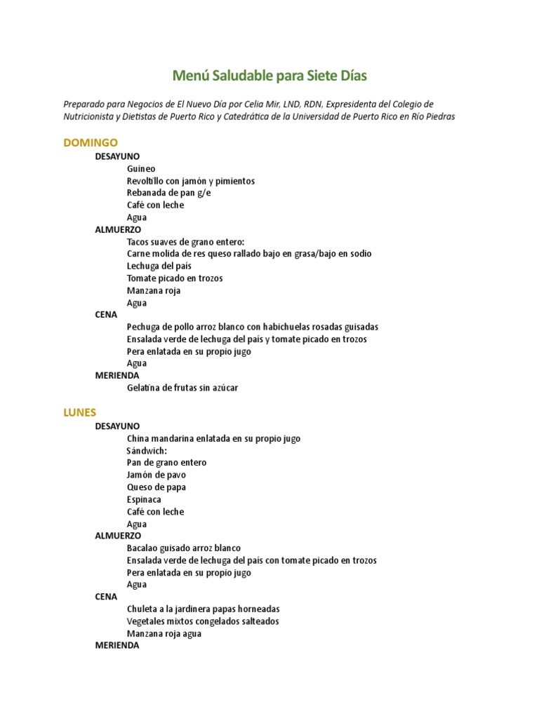 Menú Saludable para Siete Días | PDF | Almuerzo | Panes