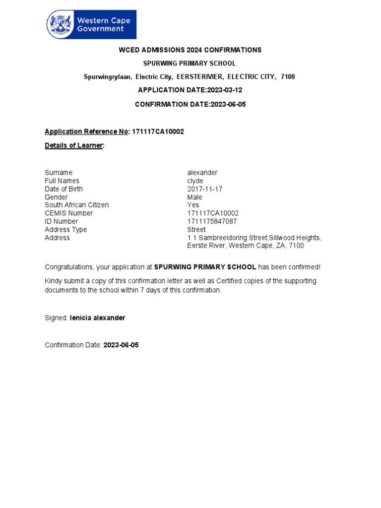 Application Confirmation-Spurwing Primary School (#107322288) | PDF