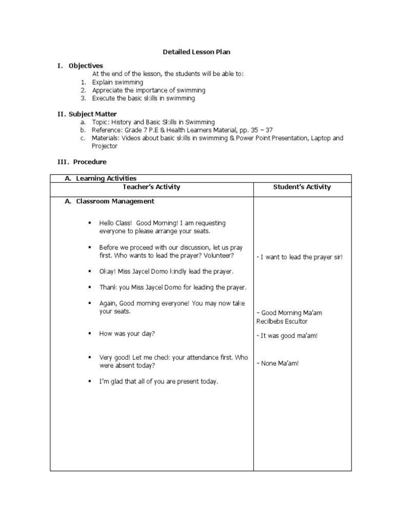 Swimming Skills and History Lesson Plan | PDF | Swimming (Sport ...
