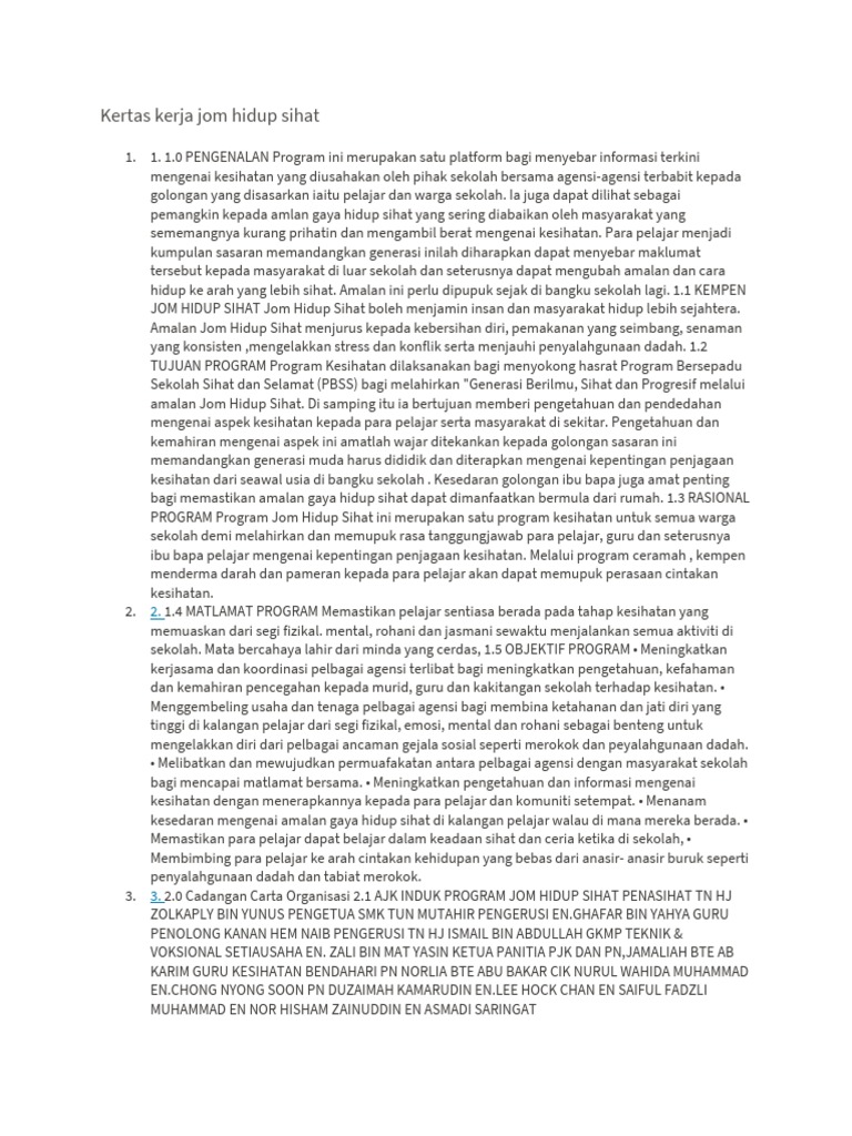 Kertas Kerja Jom Hidup Sihat | PDF