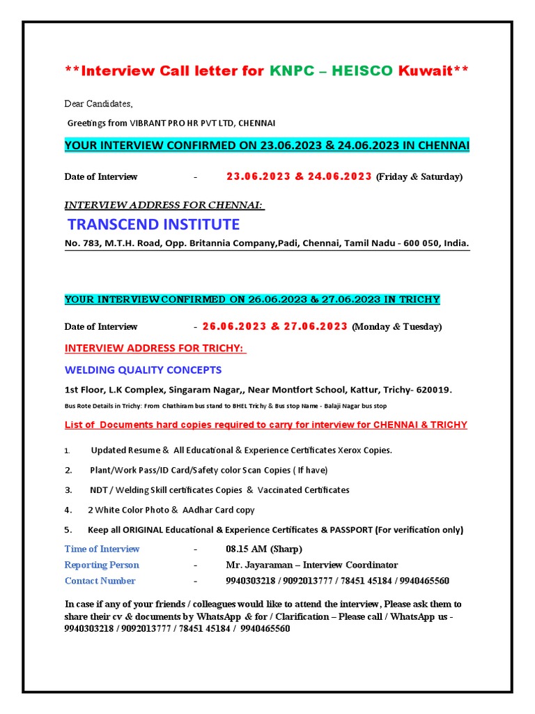 KNPC - Interview Call Letter | PDF