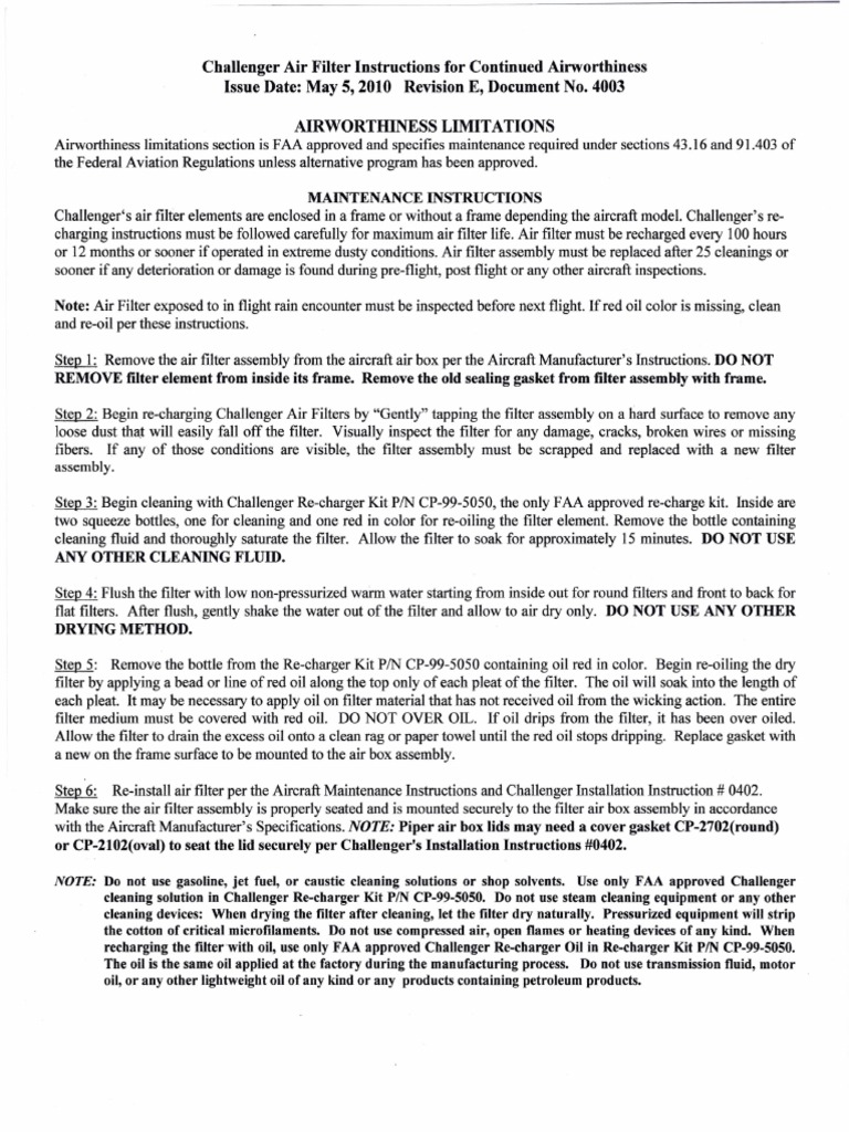 Challenger Air Filter Cleaningdoc 4003 | PDF