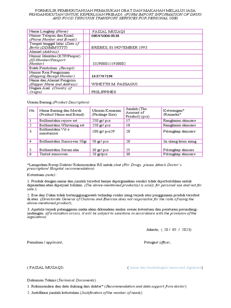 FORMULIR Permohonan Bpom Brilliantskin | PDF