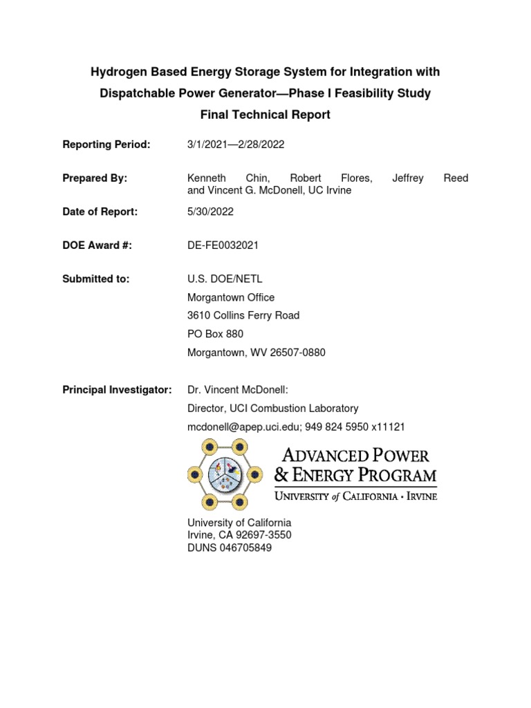 Hydrogen Based Energy Storage System For Integration With Dispatchable Power Generator - Phase 1 ...