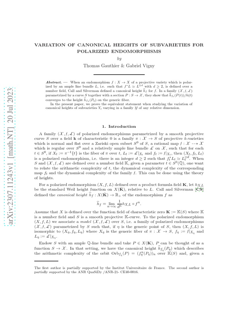 Variation of Canonical Heights of Subvarieties For Polarized Endomorphisms by Thomas Gauthier ...