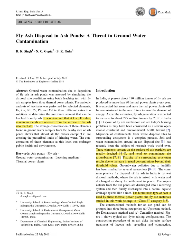 Fly Ash Disposal in Ash Ponds A Threat To Ground Water | PDF