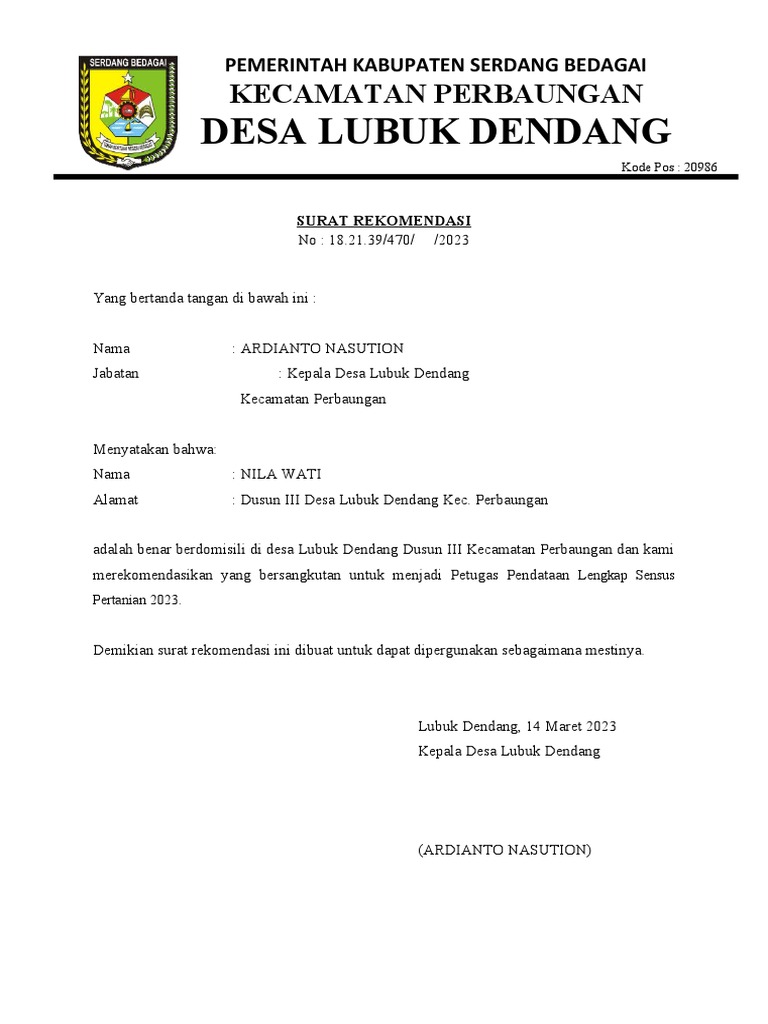 4. FORMAT_SURAT_REKOMENDASI_KEPALA_DESA berkop | PDF