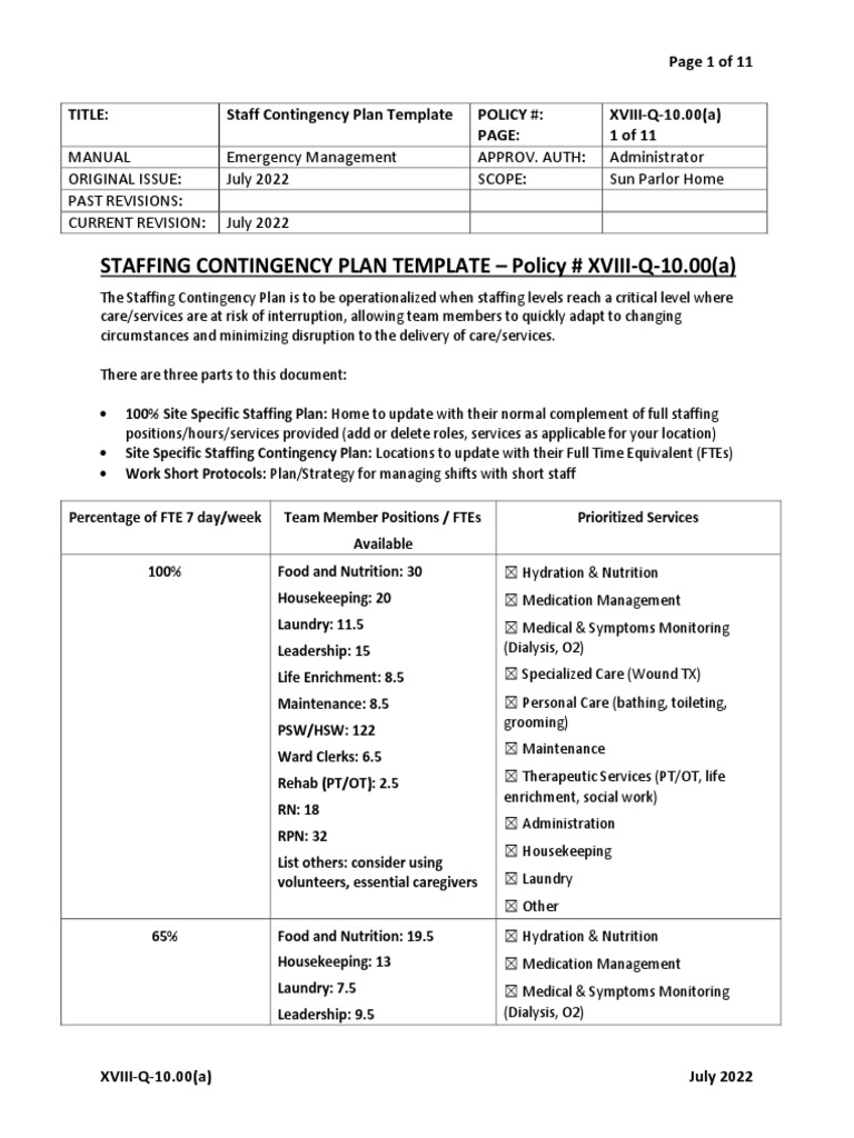 XVIII Q 10.00a Staffing Contingency Plan Template UA | PDF | Nursing ...
