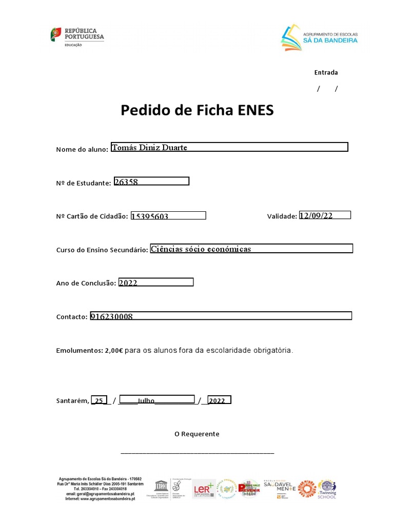 Pedido de Ficha ENES: Tomás Diniz Duarte | PDF