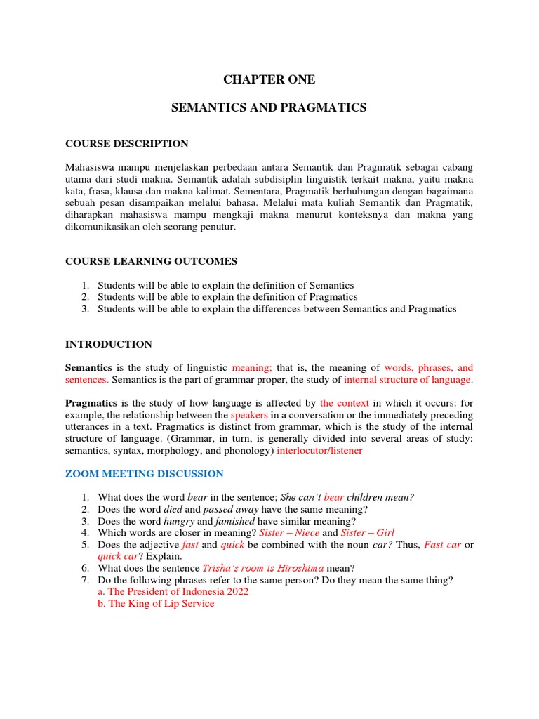 Chapter 1 Pragmatics and Semantics & Chapter 2 Types of Meaning | PDF | Word | Syntax