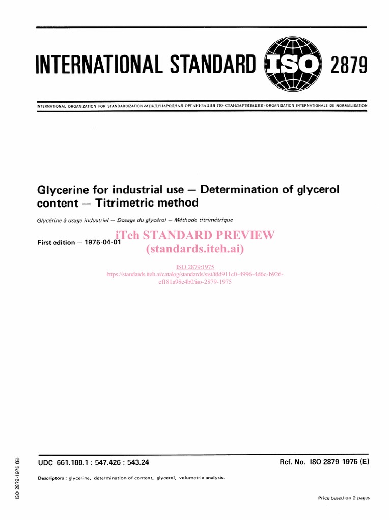 Glycerol Content by Titration Method ISO-2879-1975 | PDF