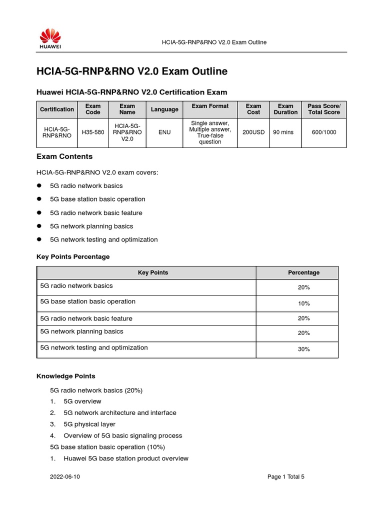 HCIA-5G-RNP&RNO V2.0 Exam Outline | PDF