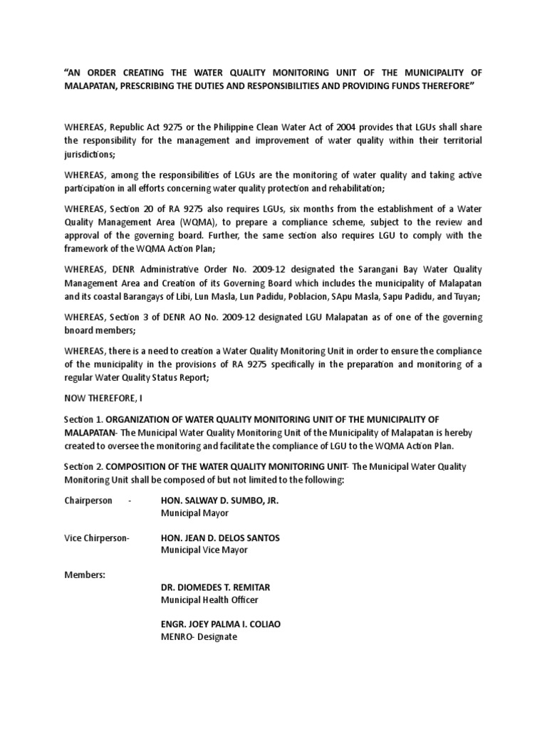 An Order Creating The Water Quality Monitoring Unit of The Municipality of Malapatan | PDF ...