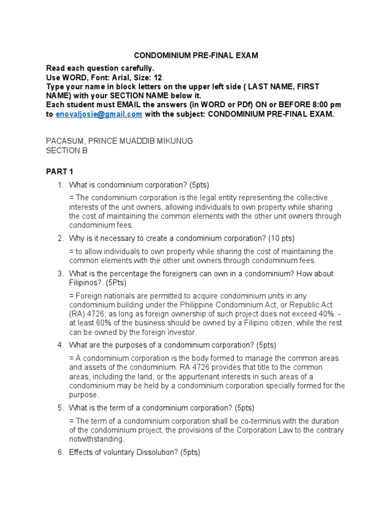 Condominium Pre-Final Exam Guide | PDF | Condominium | Land Law